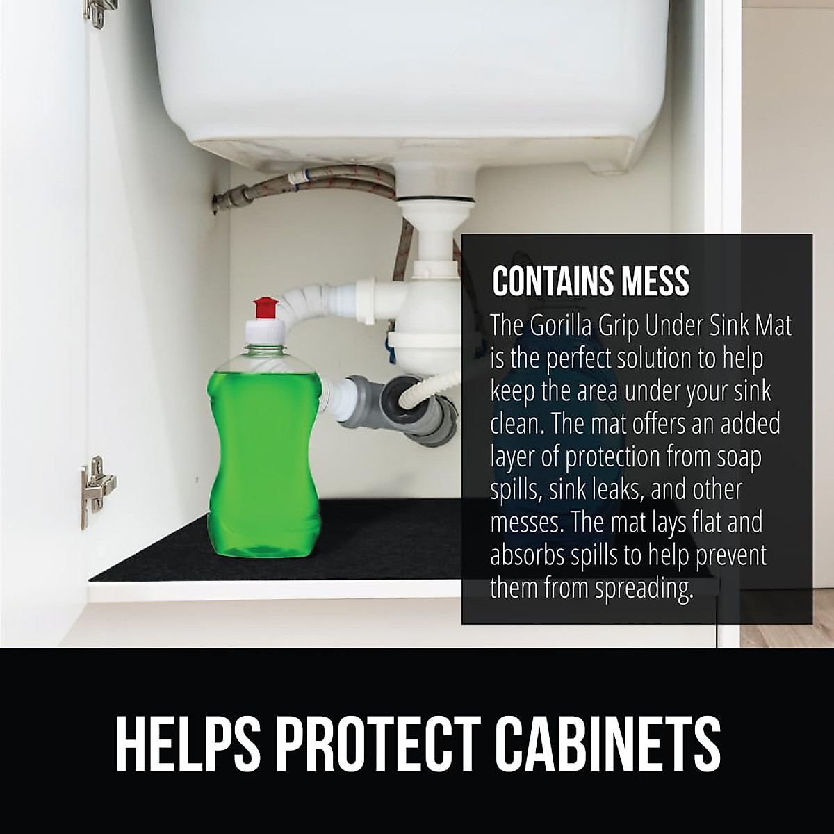 GORILLA GRIP LeakGuard Non-Adhesive Under Sink Mat for Kitchen Cabinet, Waterproof Quick Dry Shelf Liner, Durable Absorbent Felt Mats for Bathroom Sinks, Cabinets, Dresser, Easy to Trim, 24x30 Black