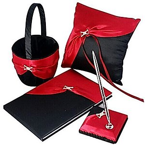 4Pcs Black & Red Wedding Supplies Set Flower Girl Basket + Ring Bearer Pillow + Guest Book + Pen Set Holder for Bridal Wedding Shower Ceremony Anniversary Celebrations Party Decorations