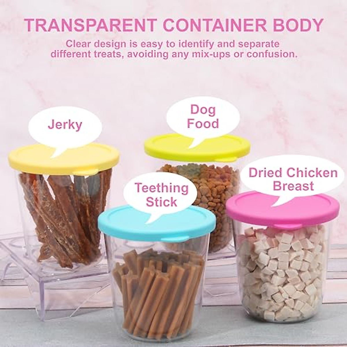 LUVCOSY 4 Pack Dog Treat Container with Silicone Lids, 32 OZ Dog Food Storage Container, BPA-Free Pet Treats Storage Organizer for Dog and Cat, Airtight Treats Canister for Dog Cookie, Pet Snacks