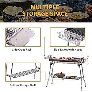 Outsunny Portable Folding Charcoal BBQ Grill Stainless Steel Camp Picnic Cooker with Grill Pan Storage Shelf Hooks