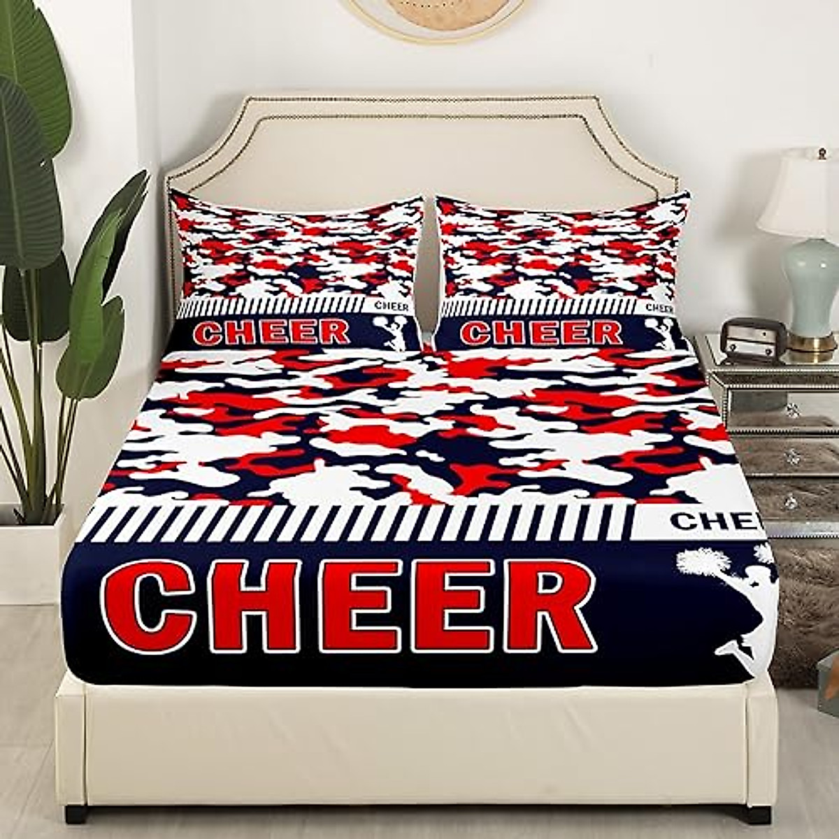 Dreamy Girly Cheerleading Bed Sheet Set 3 Pieces,Gymnastics Dance Microfiber Bedding Set with Flat,Red Camo Geometry Fitted Sheet,2 Pillow Cases,Full Size
