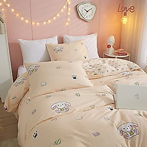 STACYPIK Girl Duvet Cover Twin Cup Rabbit Print Kawaii Soft Bedding Duvet Cover Set-Solid Pale Pink 100% Cotton Comforter Cover Bedding Collections Cute Animal for Kids Teen Women with Zipper Ties
