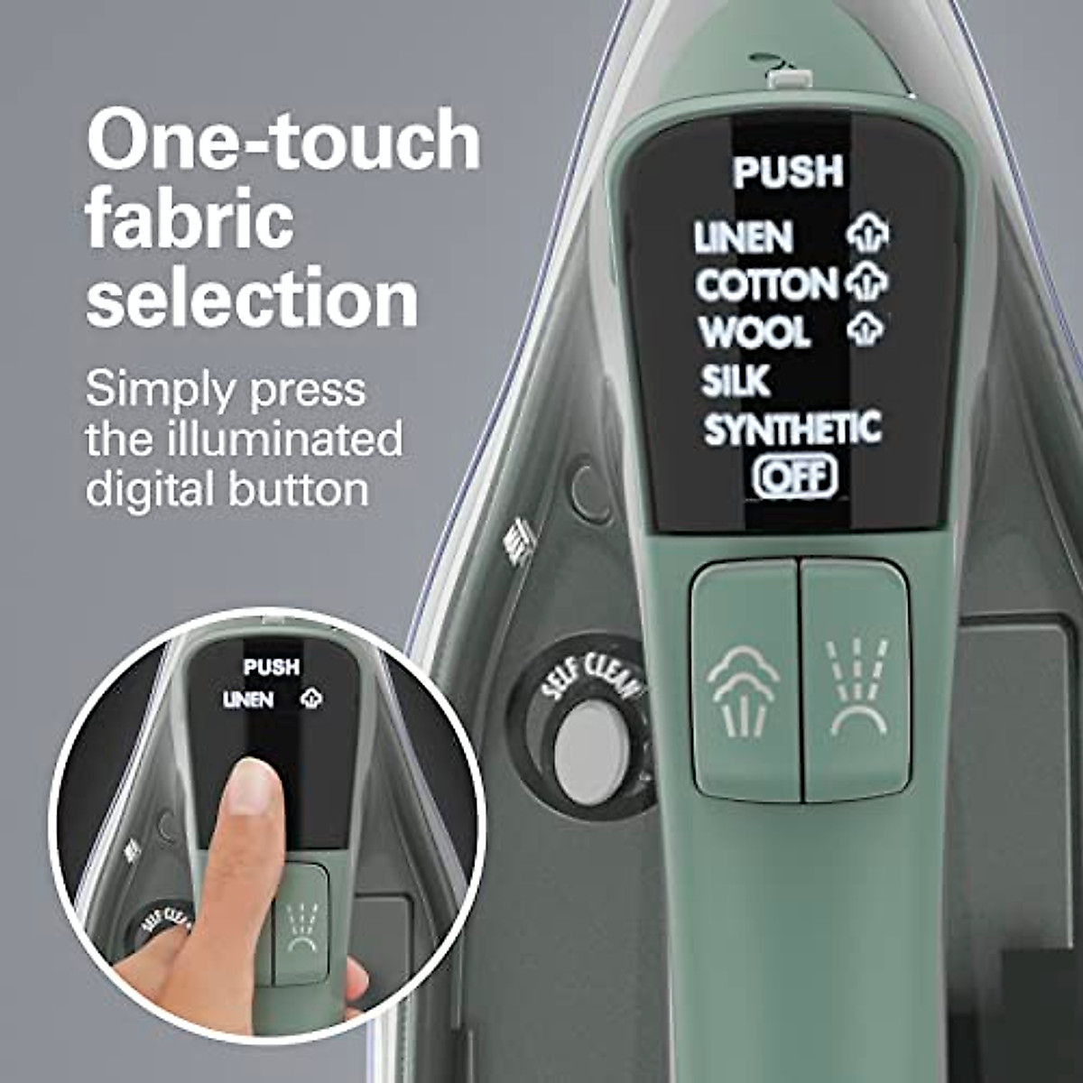 Hamilton Beach Steam Iron & Vertical Steamer for Clothes with Scratch-Resistant Durathon Soleplate, Digital Fabric Selector + 8’ Retractable Cord, 3-Way Auto Shutoff, Anti-Drip, 1800 Watts, Green