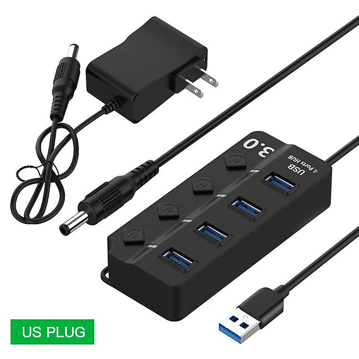 WJCCY USB 3.0 Hub Splitter 4 Port High Speed Individual On/Off Switch AC Power Adapter for Laptop PC