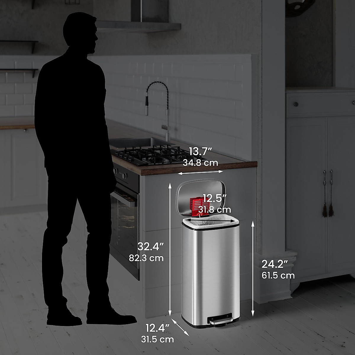 iTouchless SoftStep 8 Gallon Kitchen Step Trash Can with Odor Filter and Removable Inner Bucket, Stainless Steel 30 Liter Rectangular Pedal Garbage Bin for Home, Office, Silent and Gentle Lid Close