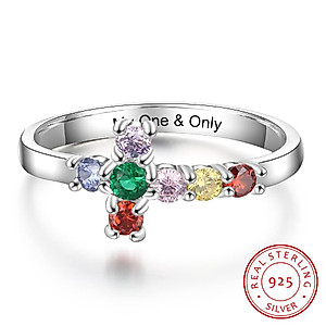 GLAMCARAT Real silver Cross ring with name and 7 birthstones religious christian jewelry for her mothers ring with 7 stones name ring personalized engraved jewelry for her (9)