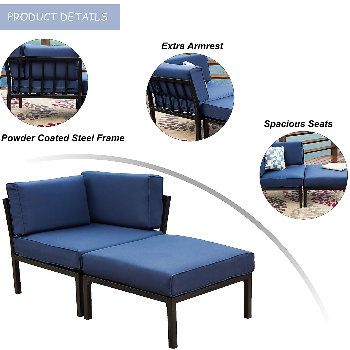 LOKATSE HOME 2 Piece Patio Furniture Set Sectional Balcony Corner Outdoor Loveseat Couch Armchiar Sofa with Ottoman Metal Steel Frame, Blue