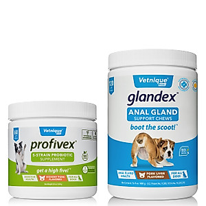 Glandex for Dogs Anal Gland Support Chews 120ct Pork Liver and Profivex 5-Strain Chews 60ct Bundle, Anal Gland Supplement for Dogs, 5-Strain Clinical-Strength Digestive Probiotics for Dogs