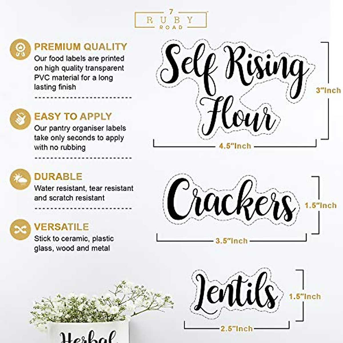 106 Pantry Labels Stickers by 7 Ruby Road for Kitchen Organization and Storage. Clear Water Resistant, Farmhouse Cursive Script for Food Canisters, Containers, Mason Jars for flour, sugar, coffee