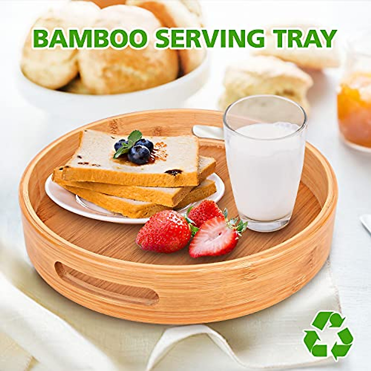 Pack of 2 Bamboo Serving Trays with Handles, Round Decorative Wooden Serve Ware 10" & 12", Fruit and Snacks Platter for Coffee Table, Bedroom, Rustic Teaboard Kitchen Counter