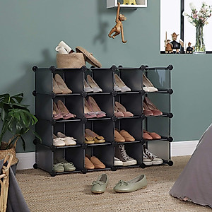 SONGMICS Shoe Rack, Space-Saving 15-Count Plastic Shoe Storage Organizer Unit, Shoe Cabinet, Ideal for Entryway Hallway Closet Garage, 14.2 x 44.5 x 34.6 Inches, Grey ULPC445G01