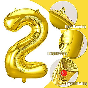 JOYYPOP 40 Inch Gold Number Balloons Foil Large Helium Number 2 Balloon for Birthday Anniversary Graduation Party Decorations