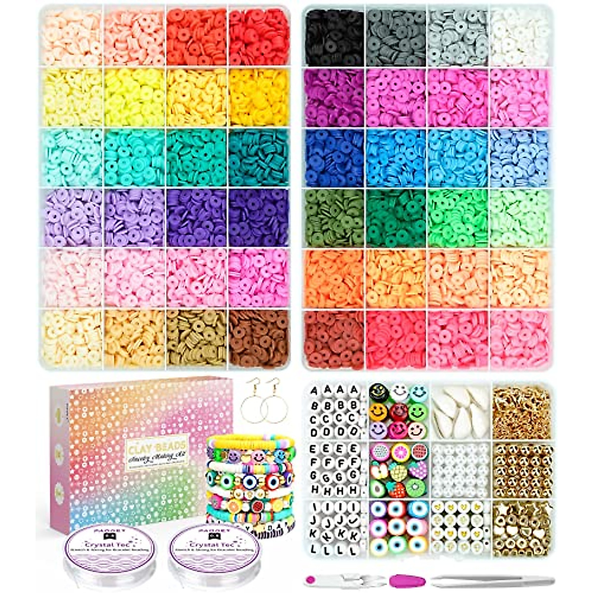 12000 Pcs Clay Beads for Bracelet Making, Paodey 48 Colors 3 Boxes Polymer Clay Beads Spacer Beads Kit, Jewelry Making Kit with Preppy Heishi Beads and Elastic Strings, Crafts Gift for Girls Ages 6-12
