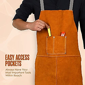 Houseables Leather Welding Apron, Fire Resistant Welder Smock, 23 x 35 Inch, Large, 2 Pockets, Kevlar Stitching, Safety Accessory For Blacksmithing, Carpentry, Torch Work, Roofing, Woodworking, Garage