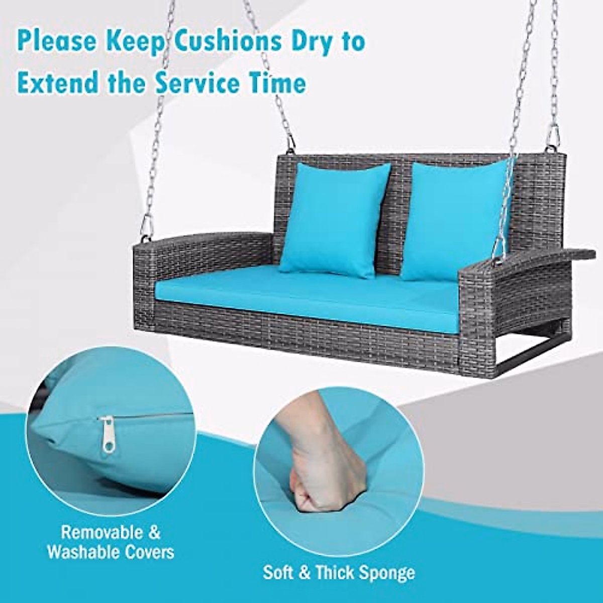 UIIAIOUIAIO 2-Person Wicker Hanging Porch Swing Bench, Front Porch Swing Outdoor Chair with Cushions 800lbs Weight Capacity for Backyard, Garden (Turquoise)