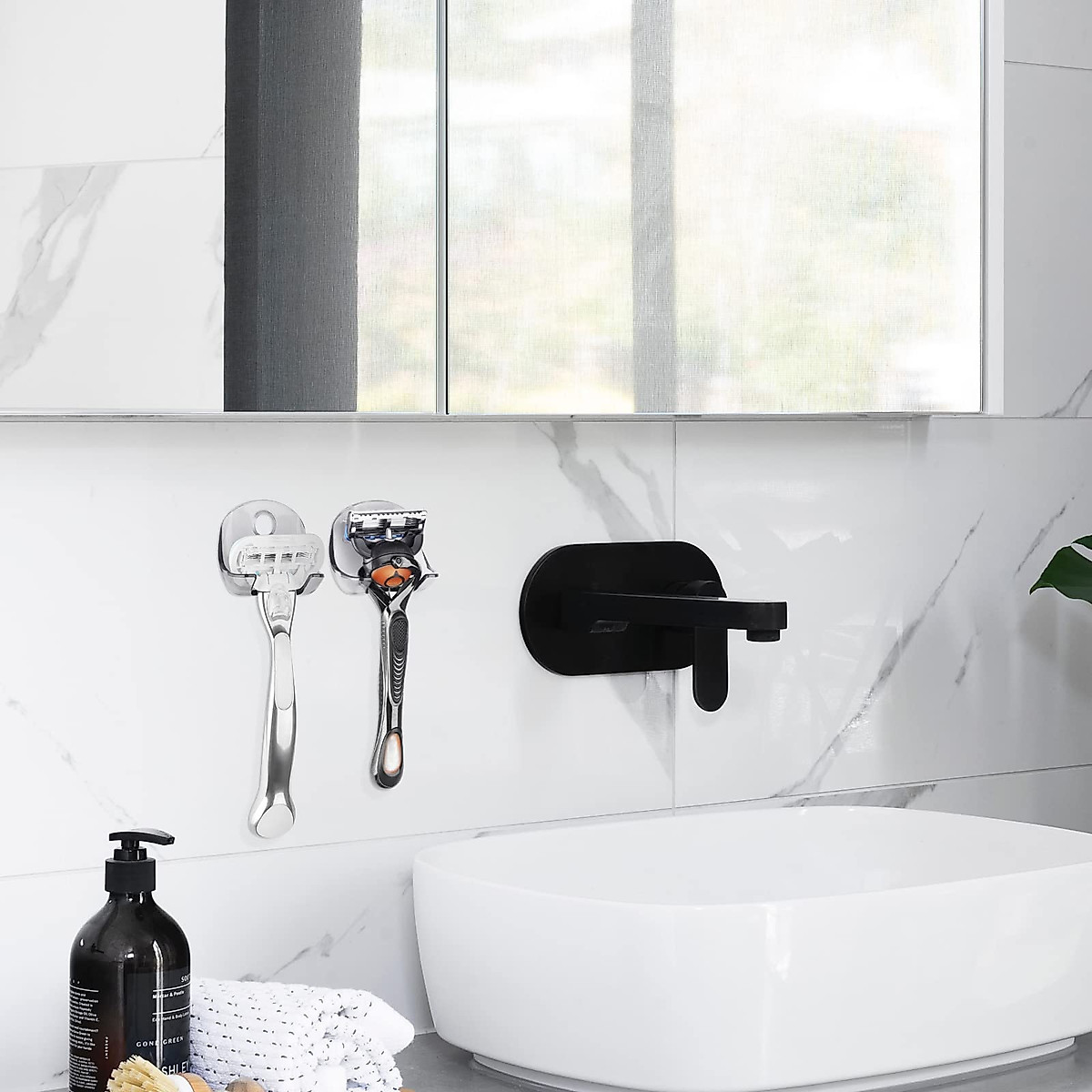 Linkidea 2 Pack Wall Mount Razor Holder for Shower Wall, Self Adhesive Shaver Bathroom Hooks Hanger Compatible with Gillette Venus Platinum, Fusion 5 Proshield & Proglide, Mach 3 Classic (Grey)