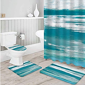 BestLives 4 Pcs Shower Curtain Sets with Rugs Abstract Turquoise Cyan Non-Slip Soft Toilet Lid Cover for Bathroom Ombre Turquoise Art Texture Bathroom Sets with Bath Mat and 12 Hooks