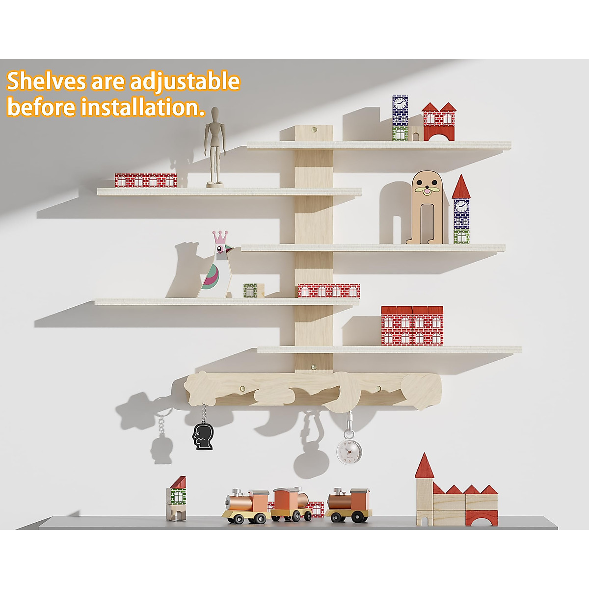 QsQueen Floating Shelves for Wall,Cute Shelves Room Decor,Coat Hooks,Small Wood Display Shelves Rack for Collectibles-Figures,Mini Decor,Toy,for Tonie Shelf - Maximum Length 24 inches Trinket Shelf