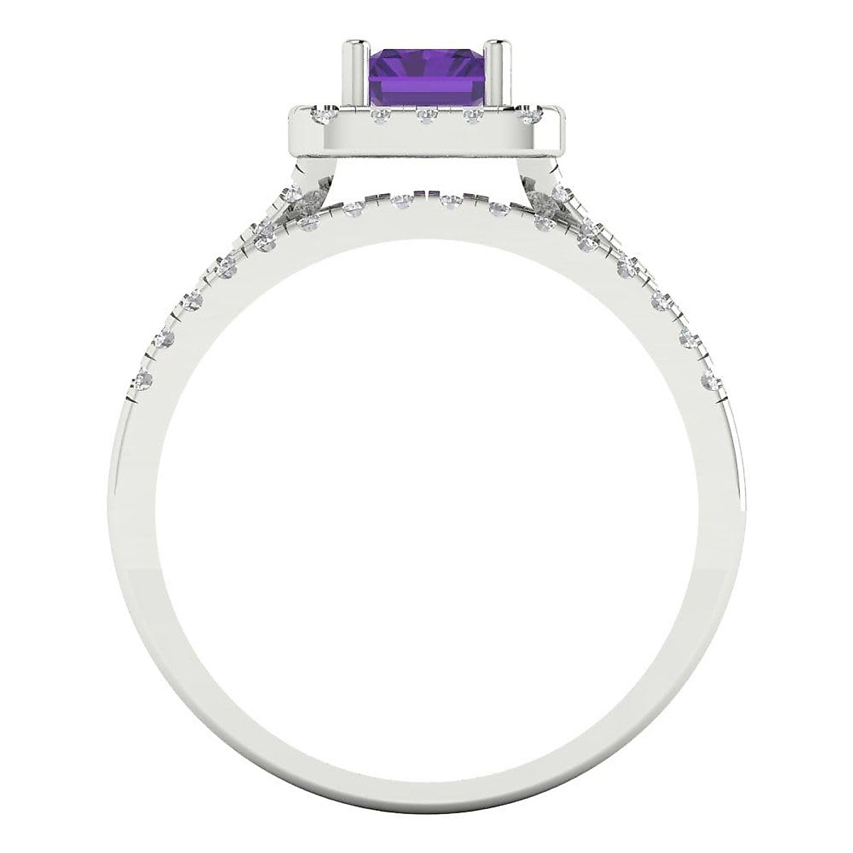 Clara Pucci 1.54 carat Emerald Cut Halo Solitaire Natural Amethyst Engagement Wedding Anniversary Bridal Ring band set 14k White Gold 8.5