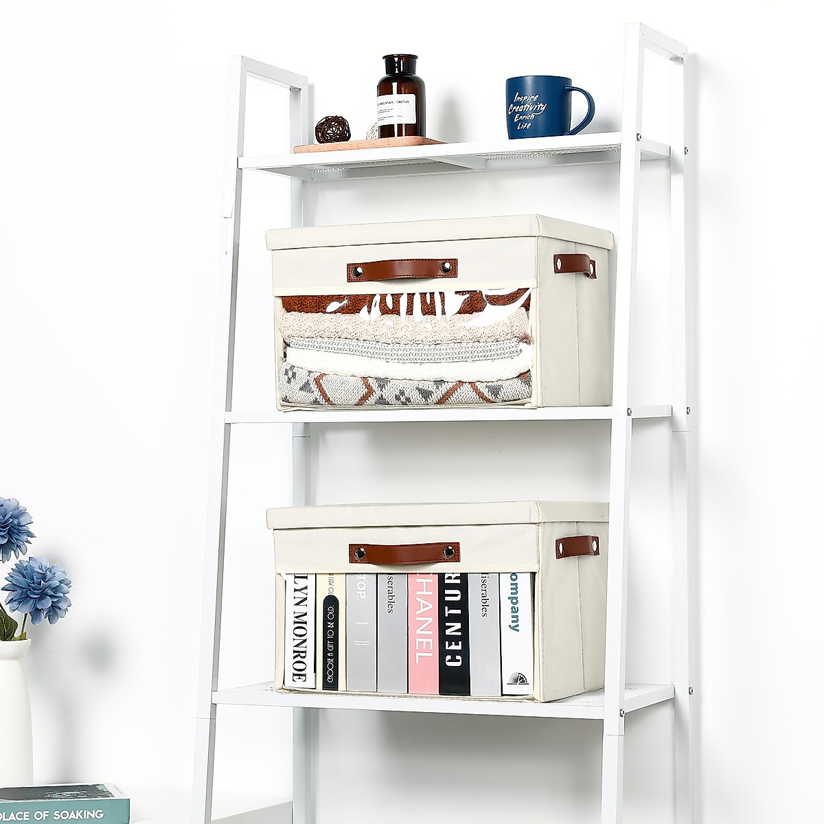 Bidtakay Collapsible Storage Bins with Lid Storage Cubes with Clear Window 15 x 11 inch Fabric Closet Organizer with Handles Storage Baskets for Shelves Organization Clothes 4-Pack Ivory