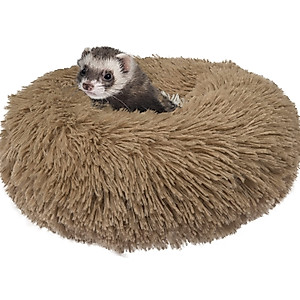 TTANFY Ferret Plush Donut Bed Soft Plush Small Pet Cushion Long Plush & Self-Warming Bed Waterproof Bottom for Ferret Guinea Pig and Small Animals (Brown)