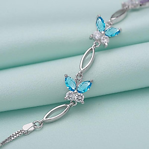 Nieboa S925 Sterling Silver Purple Butterfly Bracelets for Women,Adjustable and Charm Wrist Bracelets Anniversary Jewelry Gift for Women (Blue)