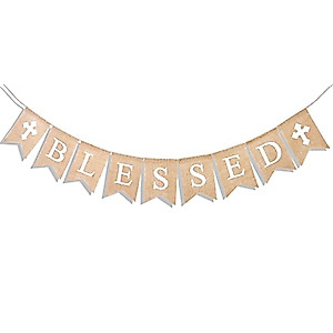 Uniwish Blessed Burlap Banner Easter Baptism Decorations Garland for Home Fireplace Décor Vintage Rustic Hanging Sign Party Supplies