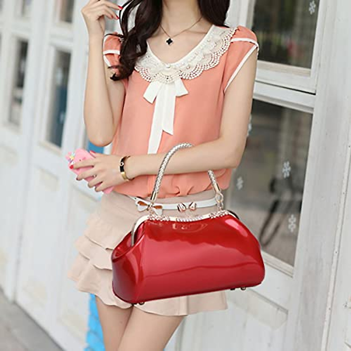 XingChen Glossy Patent Leather Handbag for Women Top Handle Tote Bag Evening Shoulder Bag Wedding Satchel Retro Purse Red