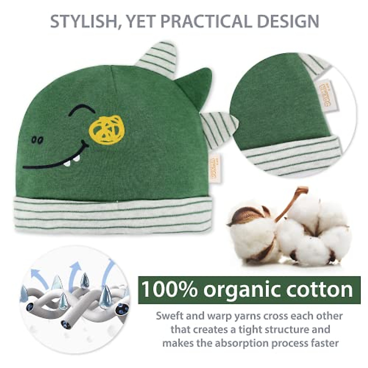 DOKMA Organic Cotton Toddler Hat Set 4 with Cute Dinosaur Design for Baby Boy, Baby Girl 0-6 Months
