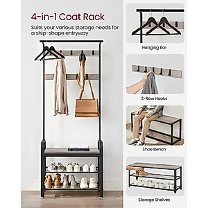 VASAGLE Coat Rack, Hall Tree with Shoe Bench for Entryway, Entryway Bench with Coat Rack, 4-in-1, with 9 Removable Hooks, a Hanging Rod, 13.3 x 28.3 x 72.1 Inches, Greige and Black UHSR40MB