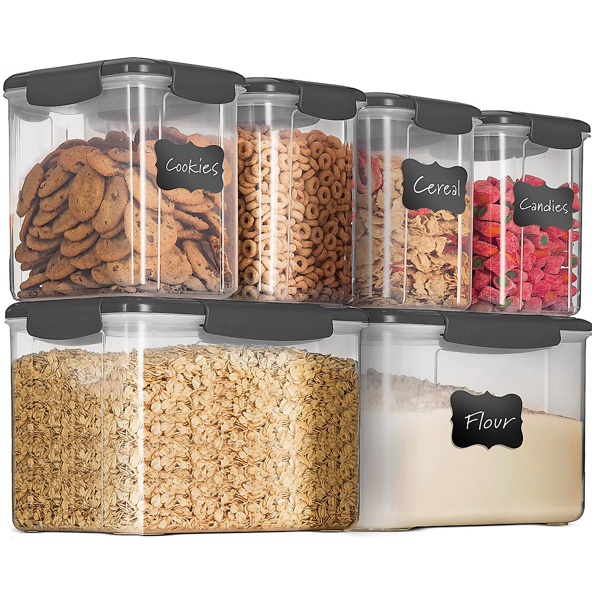 12-Piece Airtight Food Storage 6 Containers With 6 Lids - BPA-FREE Plastic Kitchen Pantry Storage Containers - Dry-Food-Storage Containers Set For Flour, Cereal, Sugar, Coffee, Rice, Nuts, Snacks Etc.
