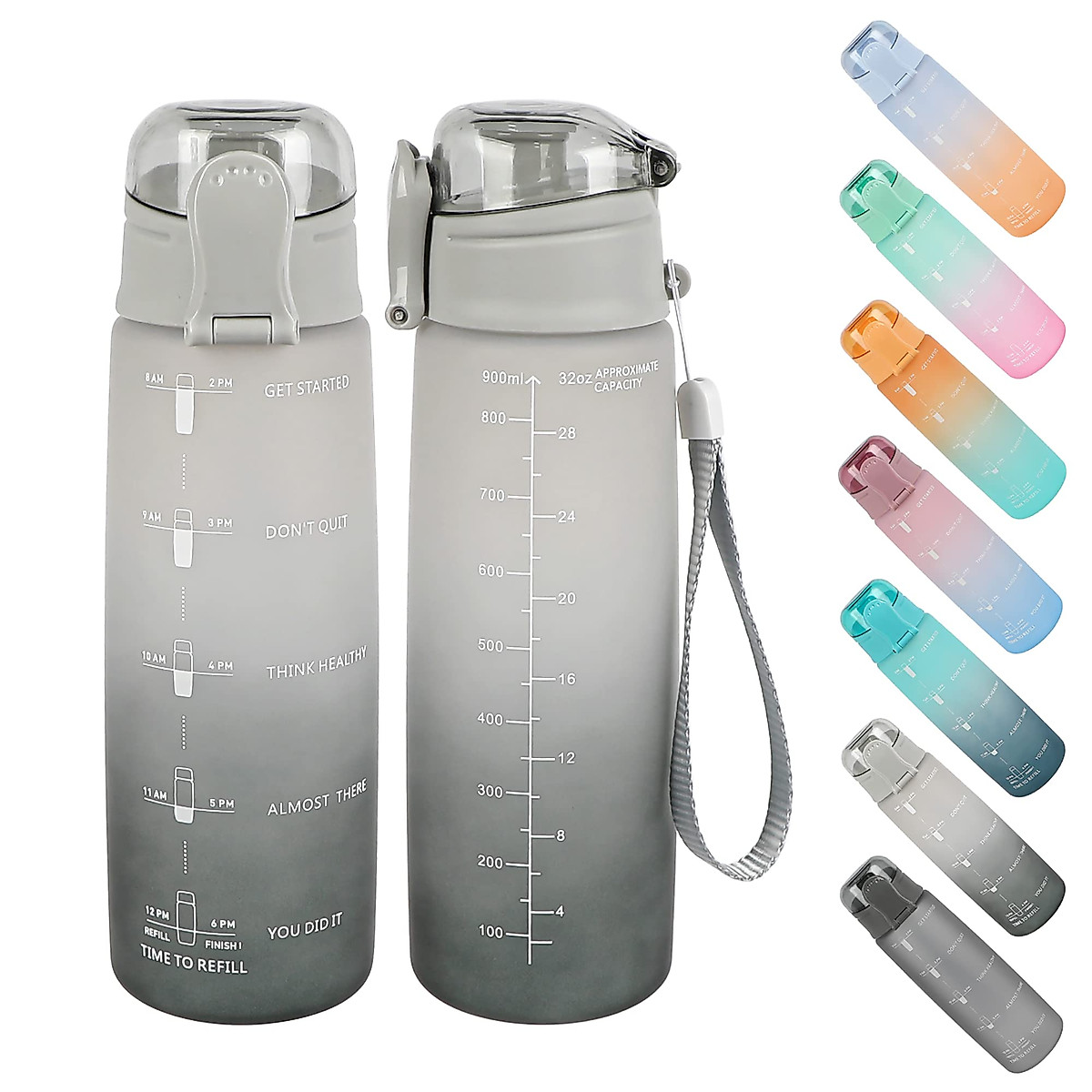 Qidordour Sports Water Bottle, 32oz Motivational Water Bottles with Time Marker & Carry Strap, Leakproof Flip Top Drinking Bottle, BPA-free, Reusable Plastic Jug For Fitness Gym, Gradient Grey