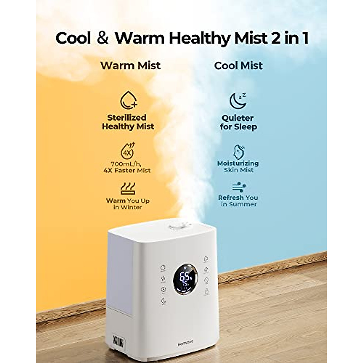 Homvana 6.5L Warm & Cool Mist Humidifiers for Bedroom Large Room, Smart Humidifier with App&Voice Control, Exclusive Distilled Sterilization, 72H Runtime Air Humidifier Aroma Diffuser for Baby Plants