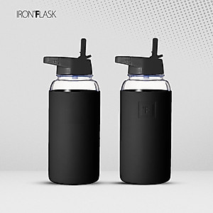 IRON °FLASK Glass Sports Water Bottle - Straw Lid, Airtight Leak Proof, Vacuum Insulated, Bosilicate Glass, Silicone Sleeve, Retains Temperature - Midnight Black, 32 Oz