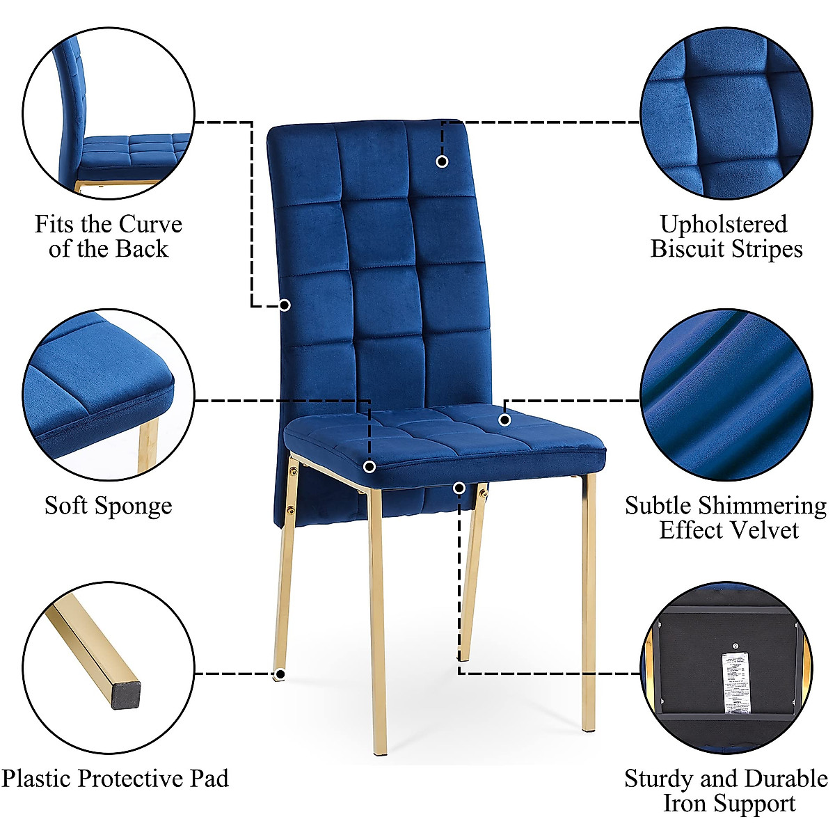 NORDICANA Upholstered Velvet Dining Chairs Classic Kitchen High Back Chairs Set of 4, Featured Dovetail Tufted Side Chairs, Golden Color Metal Legs, Navy Blue