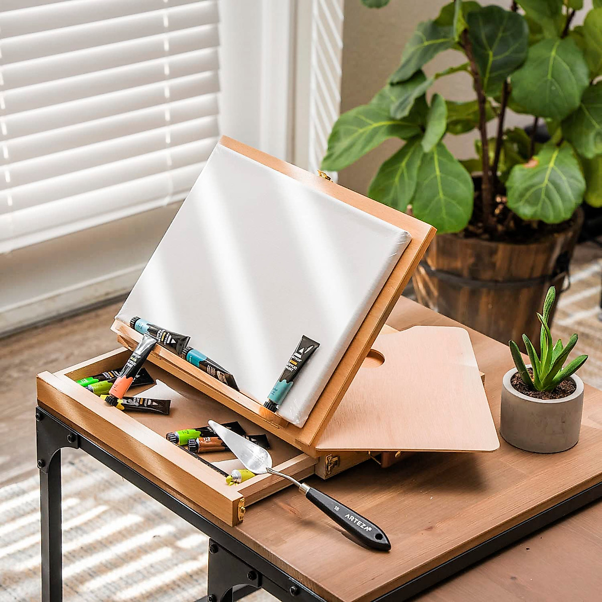 Arteza Tabletop Easel, 13.4 x 10.3 x 2 Inches, Portable Beechwood Easel Box with Single, Open-Compartment Drawer and Wooden Palette, Art Supplies Storage for Professional Artists, Multicolor