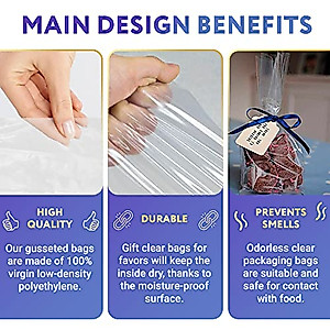 APQ Clear Gusseted Poly Bags 5 x 3 x 15 Inch, Pack of 100 Plastic Bread Bags, 2 Mil Thick Open Top Clear Plastic Bags for Packaging, Waterproof Clear Treat Bags for Bread, Cookies, Candies