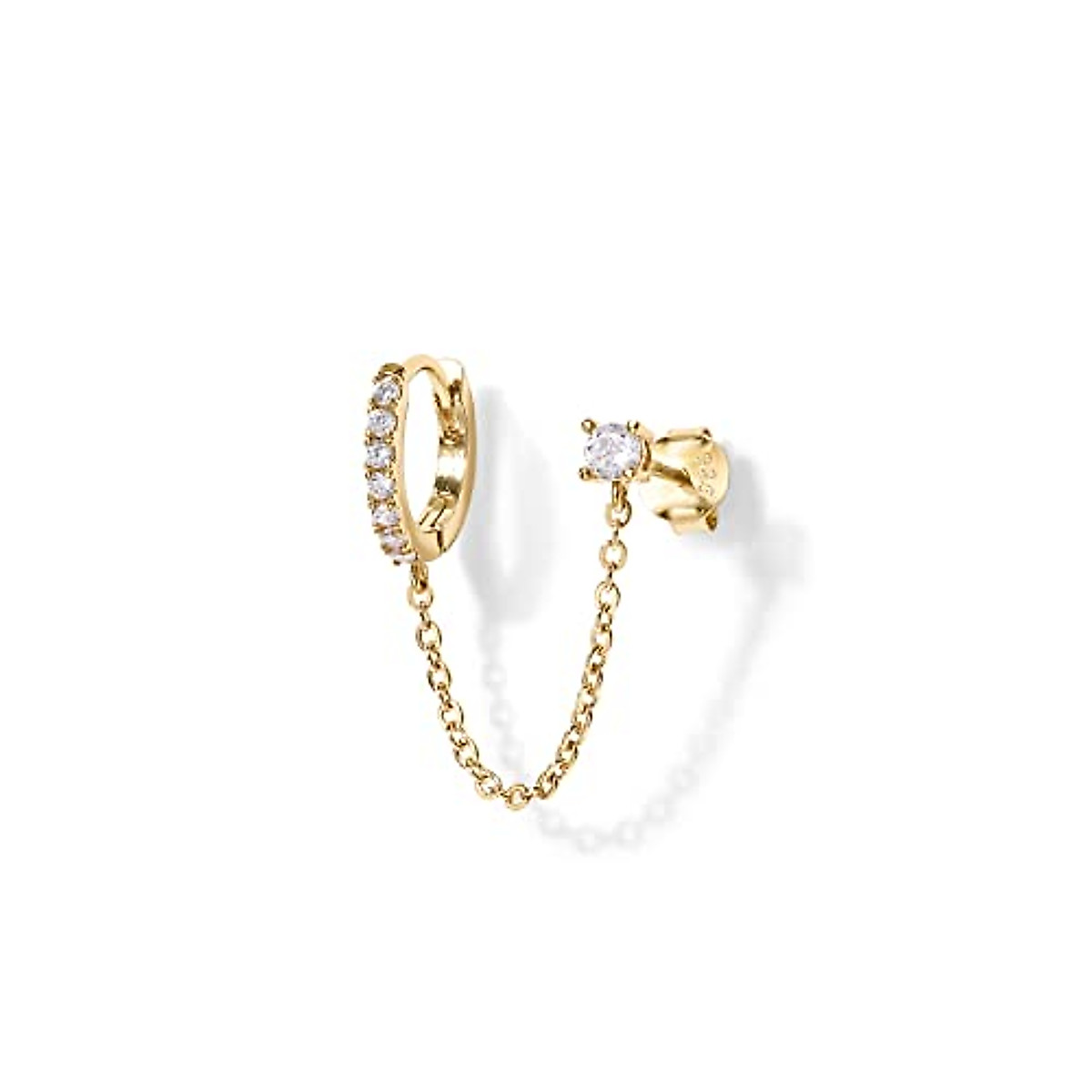 PAVOI 14K Yellow Gold Chain Earrings for Women | Double Piercing Dangle Chain Huggie Hoop Earrings | Cubic Zirconia Pearl Stud Earrings for Women (Single)