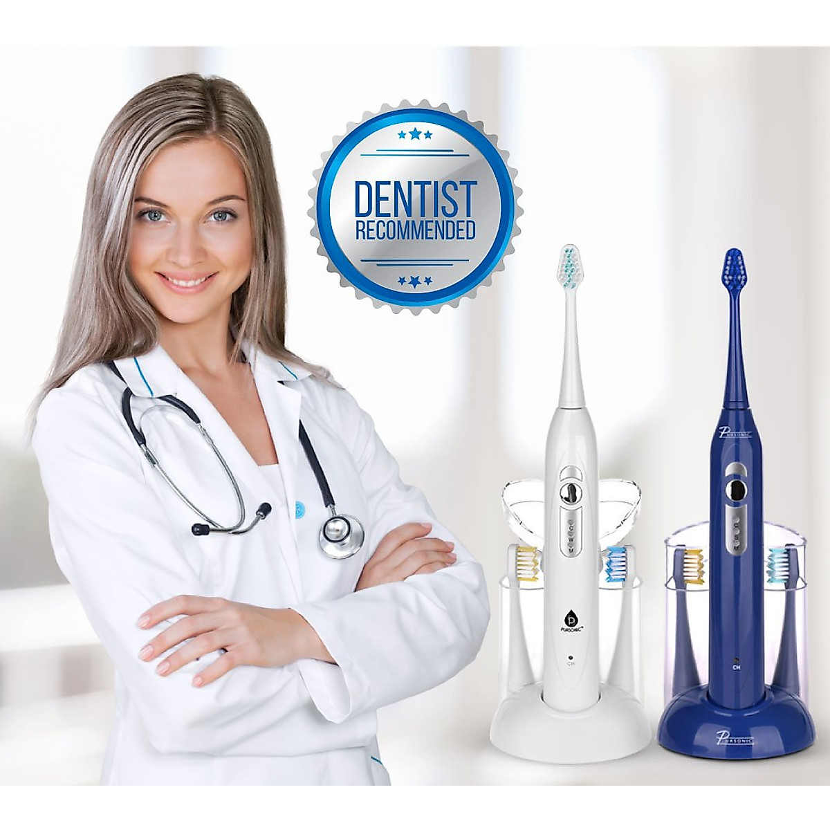 Pursonic S430 SmartSeries Electronic Power Rechargeable Sonic Toothbrush with 40,000 Strokes Per Minute, 12 Brush Heads Included (White)