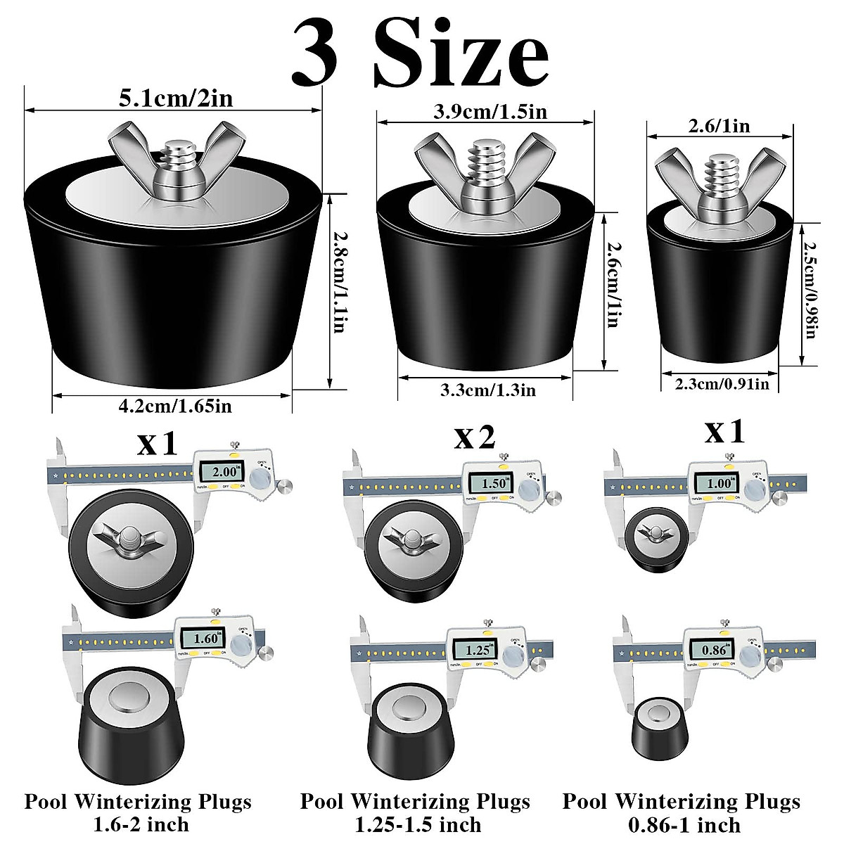 4 Pack 3 Size Pool Return Plugs Pool Skimmer Plug, Pool Winterizing Plug Pool Plugs with Stainless Steel Screw for Inground Pool Above Ground Pool (1 Inch, 1.5 Inch, 2 Inch)