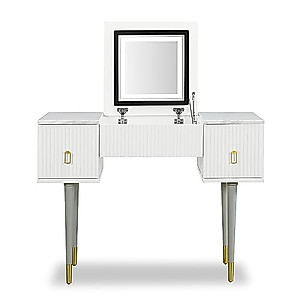 JIVOIT Vanity Table Set, 43.3" Modern Vanity Table Set with Flip-top Mirror and LED Light, Dressing Table with Customizable Storage, Vanity Dressing Table for Bedroom Women Girls (White+Gray 7)