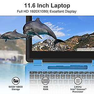 AWOW Touchscreen Laptop, 2 in 1 11.6" FHD Intel 4 Core Celeron N4120 Processor Windows 11 Home 6GB RAM 64GB M.2 SSD Storage Kids Convertible Laptop (Blue)