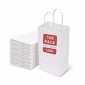 TOWRAP Small White Paper Bags 100Pcs 5.25x3.75x8 Inch Gift Bags with Handles Bulk,Party Bags, Shopping Bags,Retail Bags,Merchandise Bags,Favor Bags,Business Bags