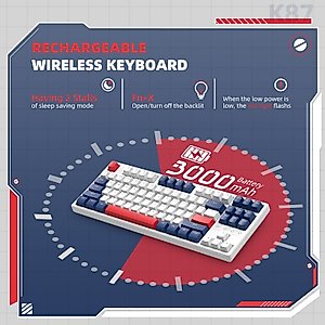ZIYOU LANG Wireless Gaming Mechanical Keyboard，RGB Backlit 87 Keys Hot Swappable Custom Keyboard, Gasket Structure Triple Mode 2.4Ghz/BT 5.0/Wired Rechargeable Keyboard, Red Switch