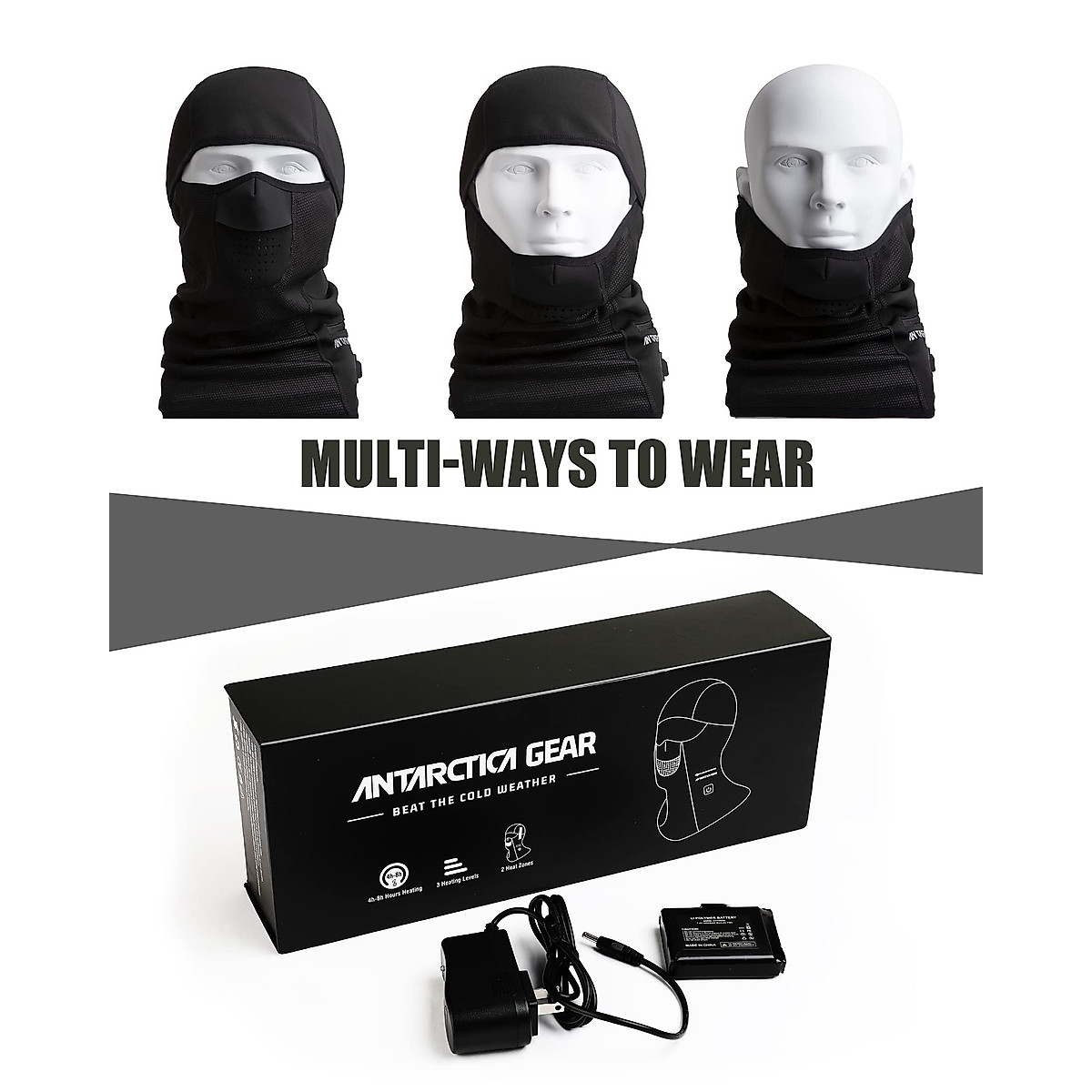 ANTARCTICA GEAR Heated Balaclava Face Ski Mask Windproof Warm Heating Hat for Motorcycle Riding Women Men Black