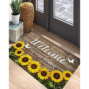 Front Door Mat Indoor Outdoor Entrance, Welcome Sunflower on a Wooden Board Non-Slip Doormat Fade Resistant, Low Profile, Easy Clean Patio Porch Entryway Mat 36x24 inches