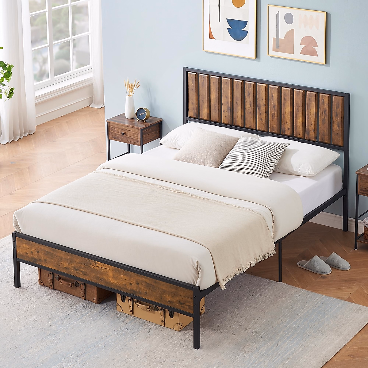 GAOMON Queen Size Bed Frame with Wood Headboard,Metal Bed Frame with 14 Heavy Duty Steel Slats,No Box Spring Needed,Noise-Free,Retro Brown