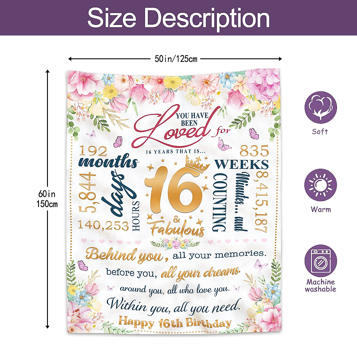 Ruvinzo Sweet 16 Gifts for Girls, 16th Birthday Gifts for Girls, 16 Year Old Girl Gift Ideas, Best Sweet Birthday Gifts for 16 Year Old Girl, Cool Sweet Sixteen Gifts Blanket 60” x 50” for Girls