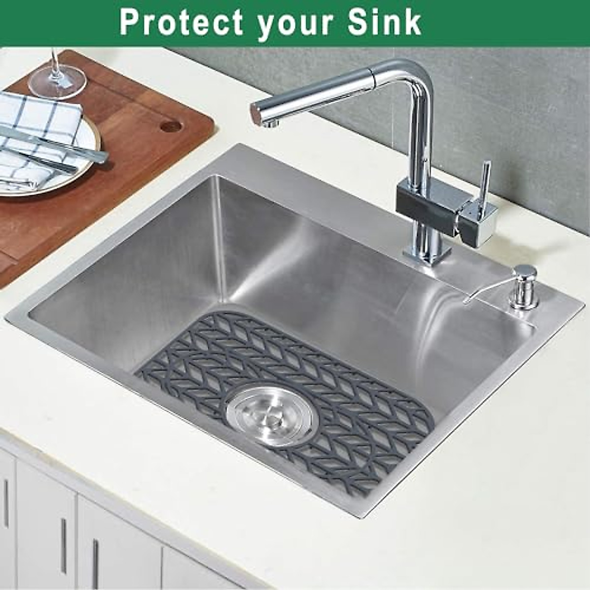 GUUKIN Sink Protectors for Kitchen sink, 13 5/8" x 11 5/8" Folding Non-slip Silicone Sink Mat Grid for Bottom of Farmhouse Stainless Steel Porcelain Sink with 3 Reserved Holes Pack of 2