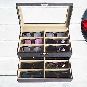 AUTOARK Linen 12 Piece Eyeglasses Storage and Sunglass Glasses Display Drawer Lockable Case Organizer,Grey,AW-096